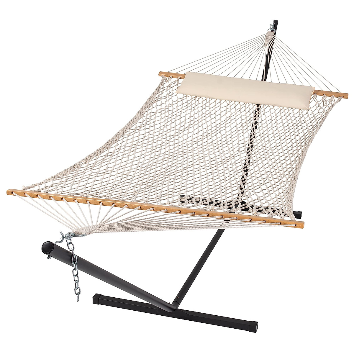 SUNCREAT Double Outdoor Hammock with Stand Included, Portable Cotton Rope 2 Person Hammock for Outdoor, Patio, Garden, Backyard, Beige