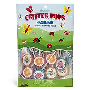 Handmade Strawberry Flavored Critter Lollipops, Fun Assorted Critters, Butterfly, Lady Bug, Bumble Bee, and Flower Suckers (9.5 OZ)