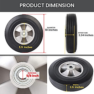 (2-Pack) AR-PRO 10" x 2.5" Flat Free Solid Rubber Tires and Wheel - 10 inch Solid Wheels with 5/8" Axles and 2.25 Offset Hub - Replacement Wheels for Hand Trucks Dolly and Wheelbarrows