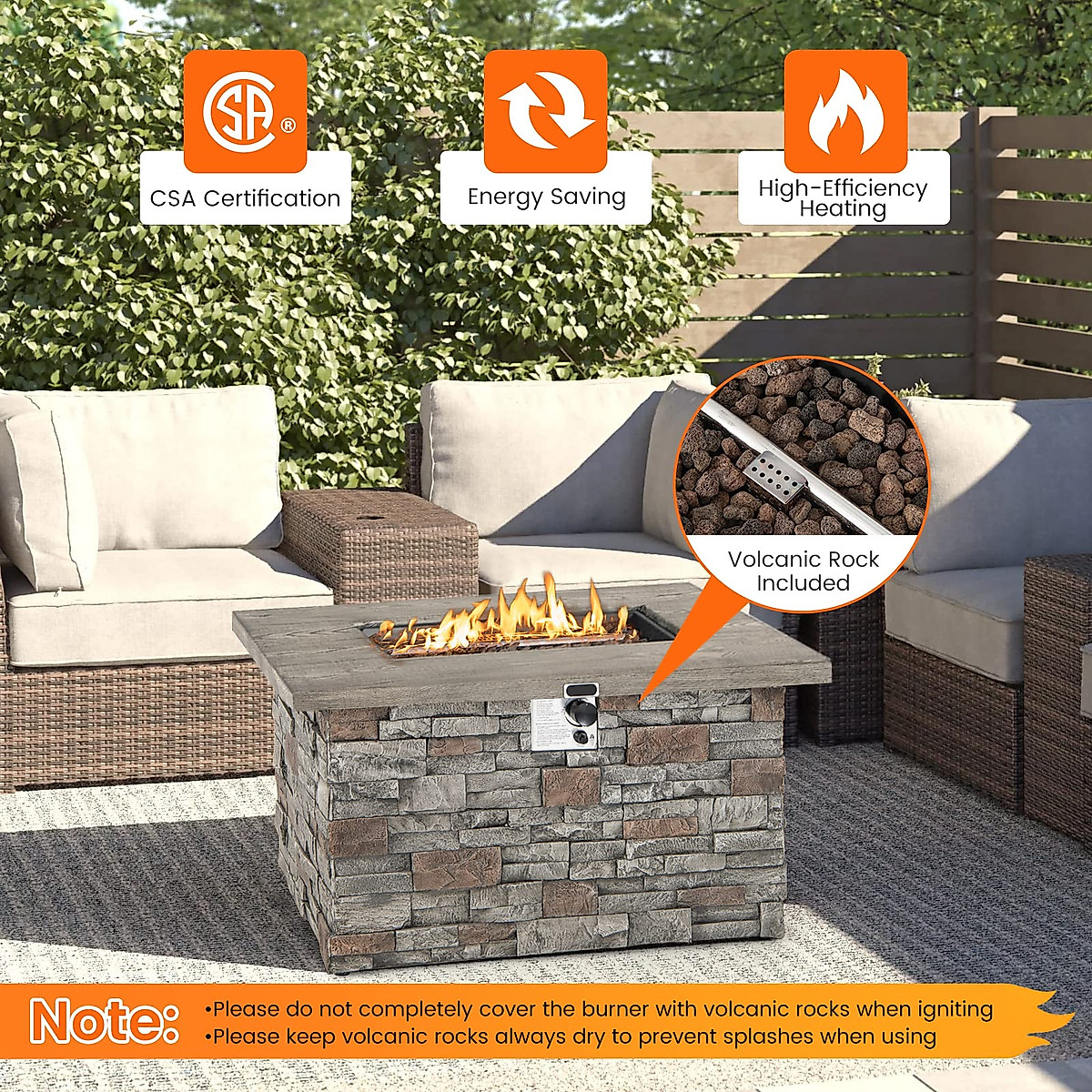 Giantex Propane Fire Pit Table - 2-in-1 Outdoor Rectangle Fire Table W/Volcanic Rock & PVC Cover, Stainless Steel Burner, 50,000 BTU Heat Output, Faux Stone Surface, 43.5” Gas Fire Pits for Outside