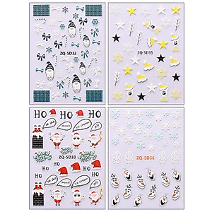 JMEOWIO 3D Embossed Christmas Nail Art Stickers Decals Self-Adhesive Pegatinas Uñas 5D Snowflake Xmas Winter Holiday Green Nail Supplies Nail Art Design Decoration Accessories 4 Sheets