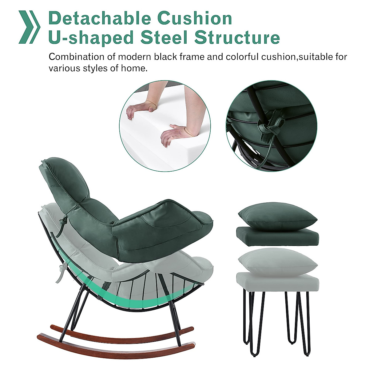 MCombo Modern Rocking Chair, Upholstered Glider Rocker Nursery Accent Chair with Ottoman, Comfy Reading Chairs for Living Room Bedroom Offices (Green)