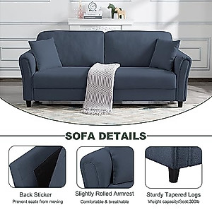 FREESNOOZE 81.5'' Linen Upholstered Sofa, Modern 3 Seater Sofa Couch with Back Cushions and 2 toss Pillows for Living Room/Bedroom/Apartment(Dark Blue)