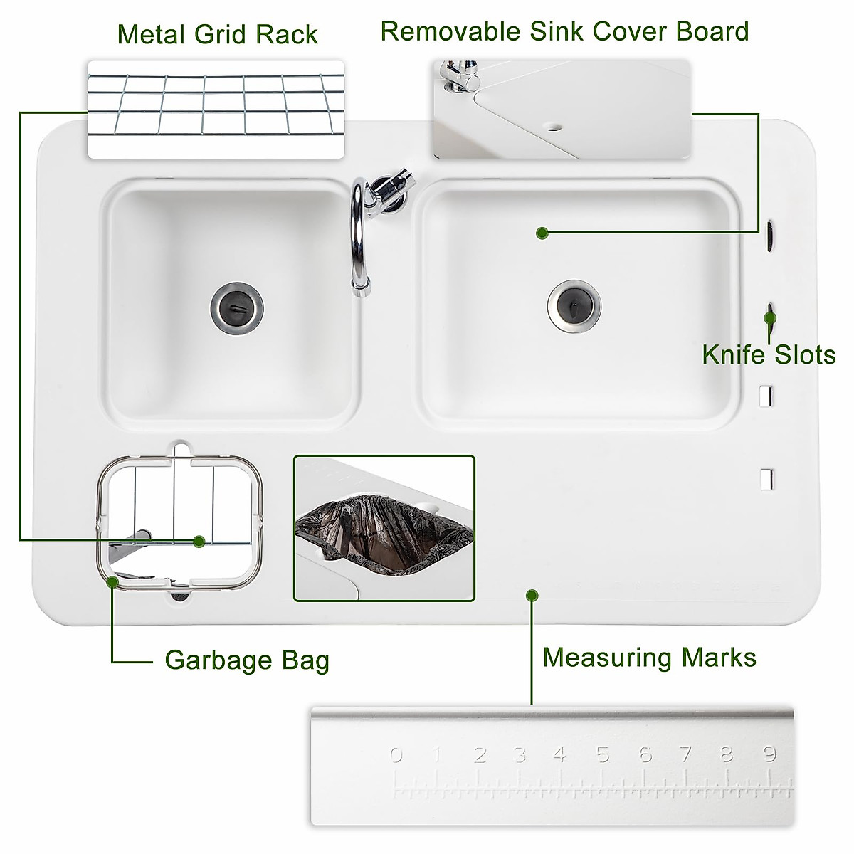 VINGLI Folding Fish Cleaning Table with 2 Sink, Outdoor Portable Camping Table with Grid Rack & Sprayer, Cutting Table with Drainage Hose Stainless Steel Faucet for Patio Backyard BBQ