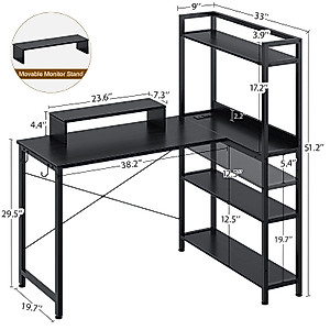 Rolanstar Computer Desk with Shelves, 47 Inch Home Office Desk with Power Outlet, Writing Table Workstation with Monitor Stand and Reversible 4-Tier Bookshelf, Study Corner Desk for Small Space, Black