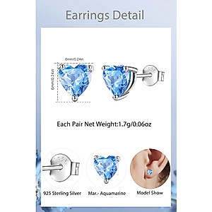 Vito 925 Sterling Silver Birthstone March Stud Earrings for Women, Cubic Zirconia Hypoallergenic Heart Aquamarine Ear Studs Jewelry Gift for Sister Daughter on Birthday