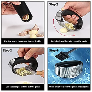 2 Pack Garlic Press Rocker, Stainless Steel Garlic Mincer with 2 Peelers, 2 Scrapers and 2 Brushes | Garlic Crusher Garlic Chopper for Smashing Garlic