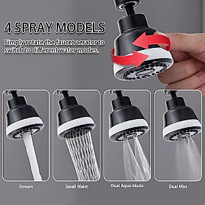 Faucet Aerator Faucet Sprayer Attachment, Kitchen Faucet Head Replacement with 4 Spray Modes, 360° Swivel Faucet Extender Anti-Splash Sink Sprayer Faucet Nozzle Head (Diamond, Black)