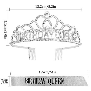 CAVETEE Silver Birthday Crowns for Women Birthday Queen Sash and Tiara for Women Silver Birthday Party Decorations for Women Birthday Sash and Crown for Women