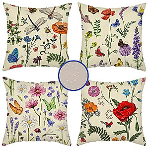 VIGVOG Set of 4 Decorative Colorful Throw Pillow Covers 18x18 Inches, Flowers Butterfly Printed Pillow Cases, Waterproof Outdoor Square Cushion Covers for Garden Living Room Couch Sofa Farmhouse