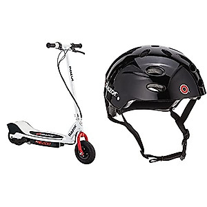 Razor E200 Electric Scooter for Kids Ages 13+ - 8" Pneumatic Tires, 200-Watt Motor, Up to 12 mph and 40 min of Ride Time, for Riders up to 154 lbs & V-17 Youth Multi-Sport Helmet, Gloss Black