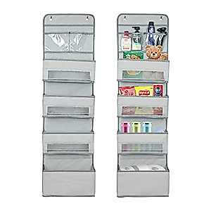 Gengxin Over The Door Hanging Organizer with 4-Large Pocket and 2-Small Packet for Nursery Closet Storage, Pantry, Bedroom,Kitchen, Wall Mount Storage with Clear Window Pocket & 2 Hooks (1Pack, Grey)
