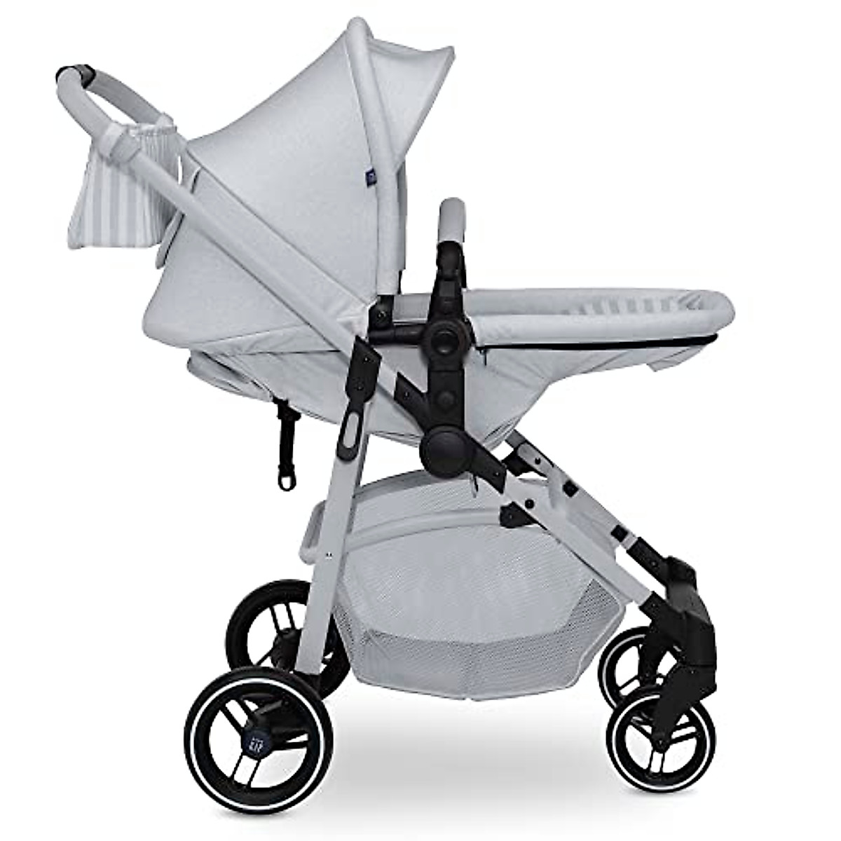 GAP babyGap 2-in-1 Carriage Stroller - Car Seat Compatible - Easy One-Handed Fold - Lightweight Stoller with Oversized Canopy & Reclining Seat - Made with Sustainable Materials, Grey Stripes