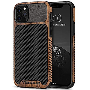 TENDLIN Compatible with iPhone 11 Pro Max Case Wood Grain with Carbon Fiber Texture Design Leather Hybrid Case