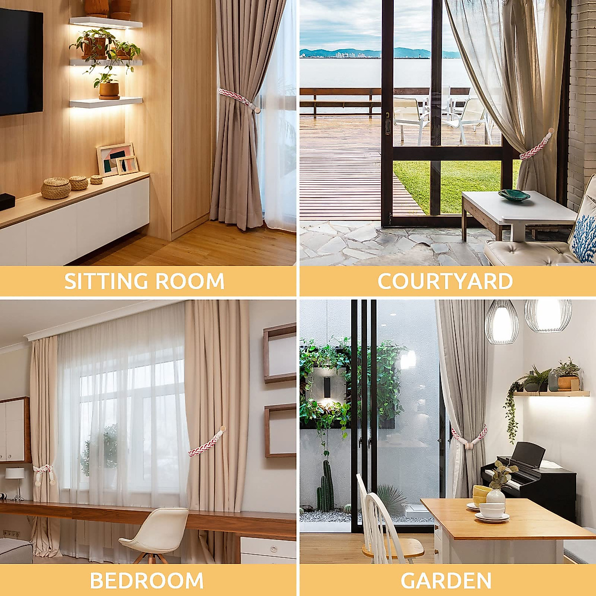 NICEEC 2 Pack Wood Strong Magnetic Curtain Tiebacks Boho Style Decorative Drape Tie Backs Natural Cotton Hand-Woven Soft Rope Curtain Holdbacks for Home & Office Draperies Decor (Beige & Red)