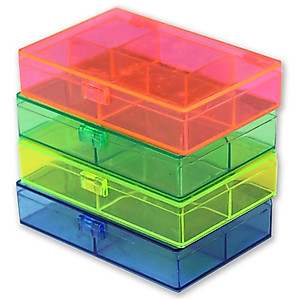 BIN BUDDY Set of 4 | Colored Transparent Plastic Boxes | 4.5" (11.4 cm) x 3" (7.6 cm) x 1" (2.5 cm) | Hinged Lids, 5 Internal Sections | For Crafts, Sewing
