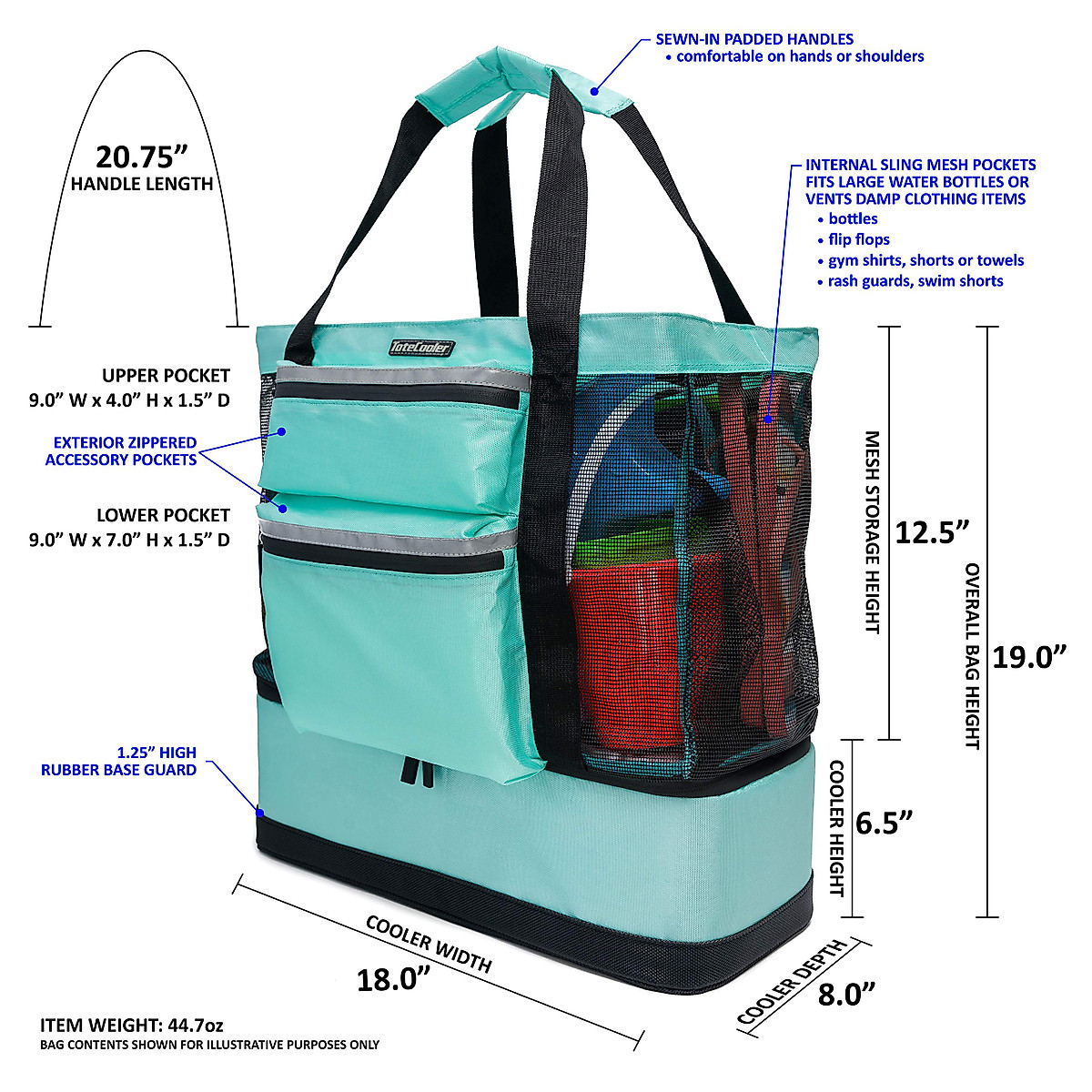 ToteCooler Beach Picnic Mesh Tote Bag with Zipper Top, Dual Internal Sling Bottle Pockets, 3 Exterior Pockets and Insulated Soft Cooler with Anti-Slip Rubber Base Guard (Seafoam)