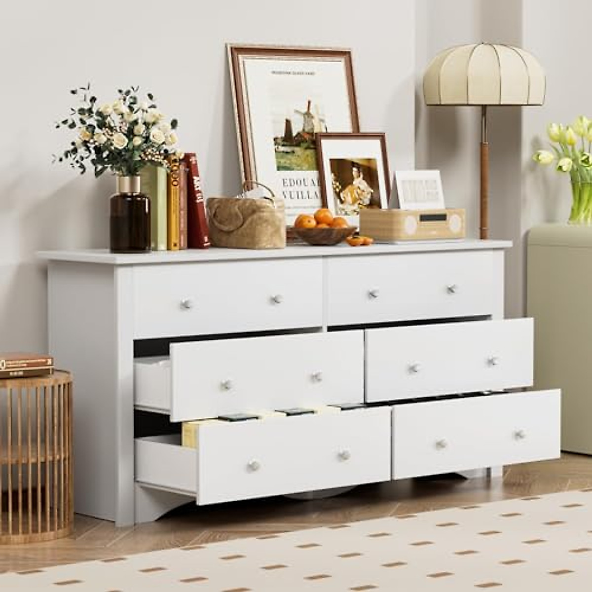 Shahoo Dresser for Bedroom with 6 Drawers Wide Chest Storage Organizer and TV Stand for Living Room, Closet, Hallway, Dormitory,White