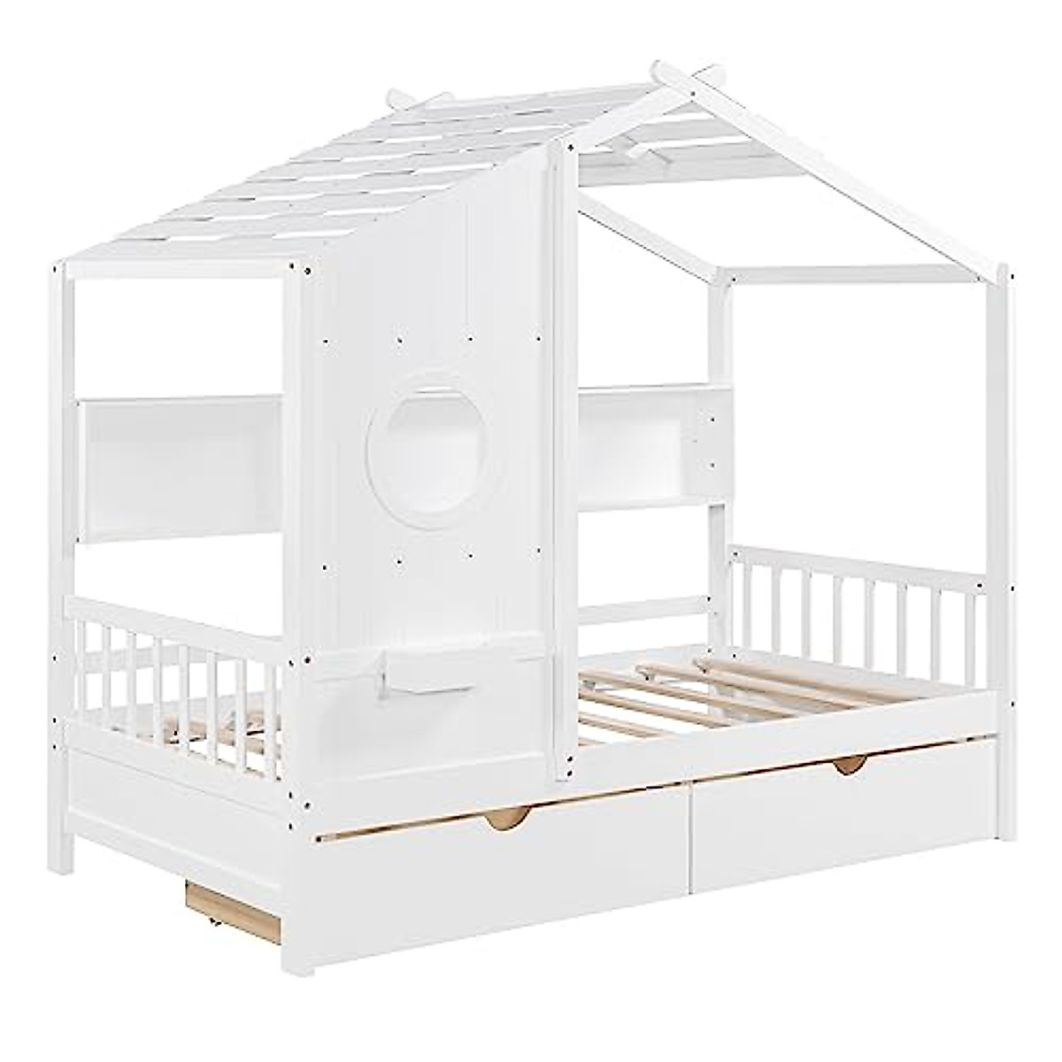 Demofit House Bed with 2 Drawers, Wooden Bed Frame with Storage Shelf and Roof for Bedroom,No Boxspring Required (Twin, White)