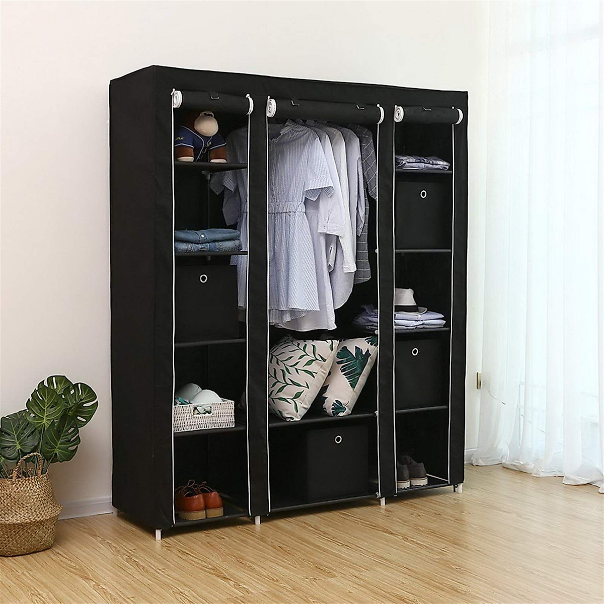 Homemain Wardrobe Storage Closet Clothes Portable Closet Large Wardrobe Closet Clothes Organizer Portable Closet Organizer Shelf Standing Closet with 9 Shelves, 1 Clothes Hanging Rails
