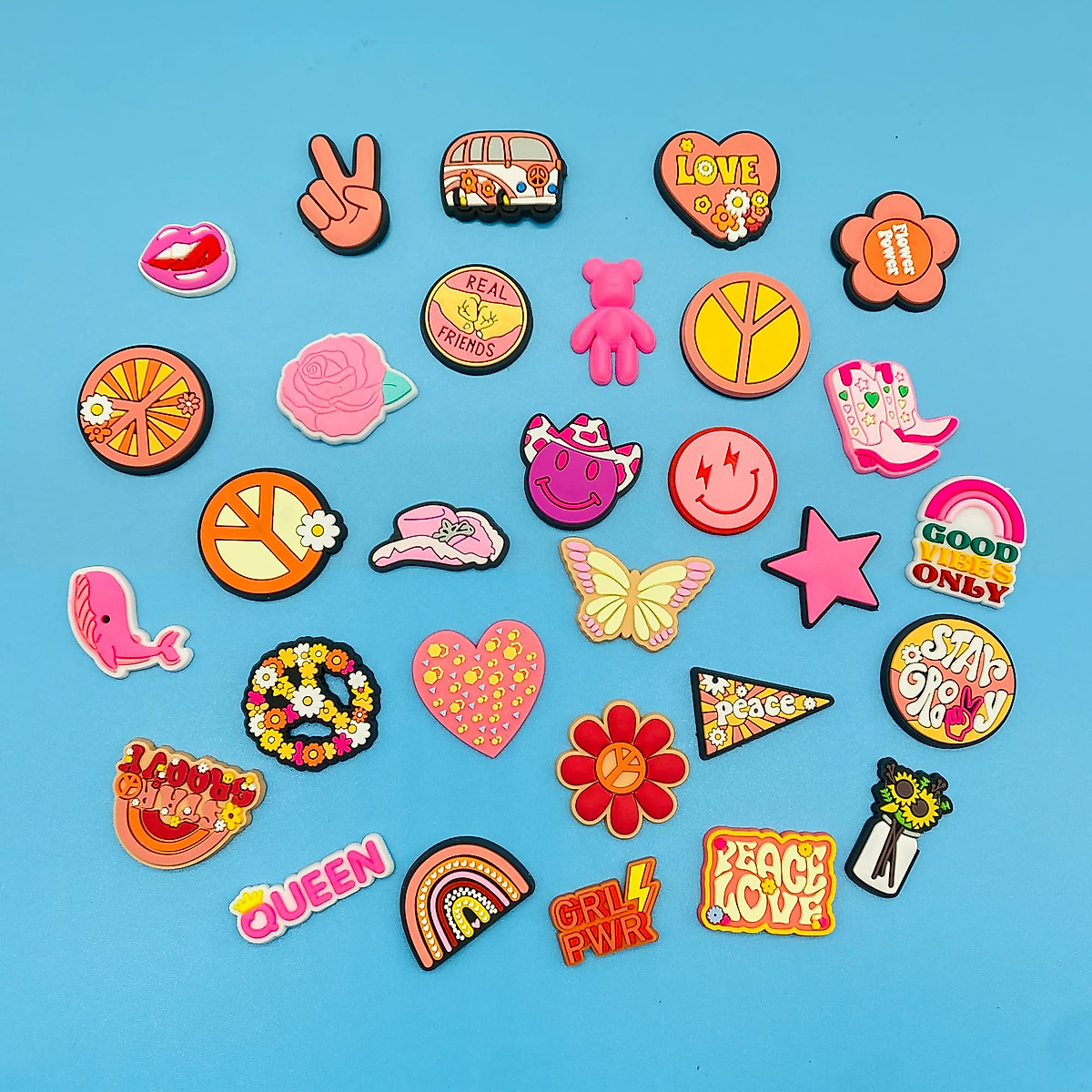 30PCS Hippy Shoe Charm Hippie Peace Theme Shoe Charms for Croc Clog Decoration Boho Rainbow Daisy Charms for Girls Women Kids Adults Party's Favor