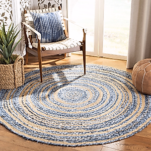 SAFAVIEH Cape Cod Collection 5' Round Blue / Natural CAP209L Handmade Braided Jute & Cotton Area Rug
