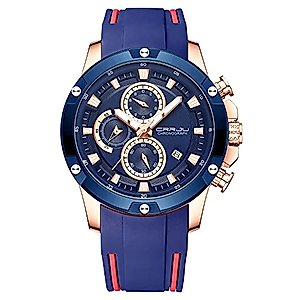 Tonnier Watches for Mens, Analog Chronograph Quartz Movement, Waterproof and Scratch Resistant, Silicone Strap Watches, Quartz Army Work Watches Blue Golden