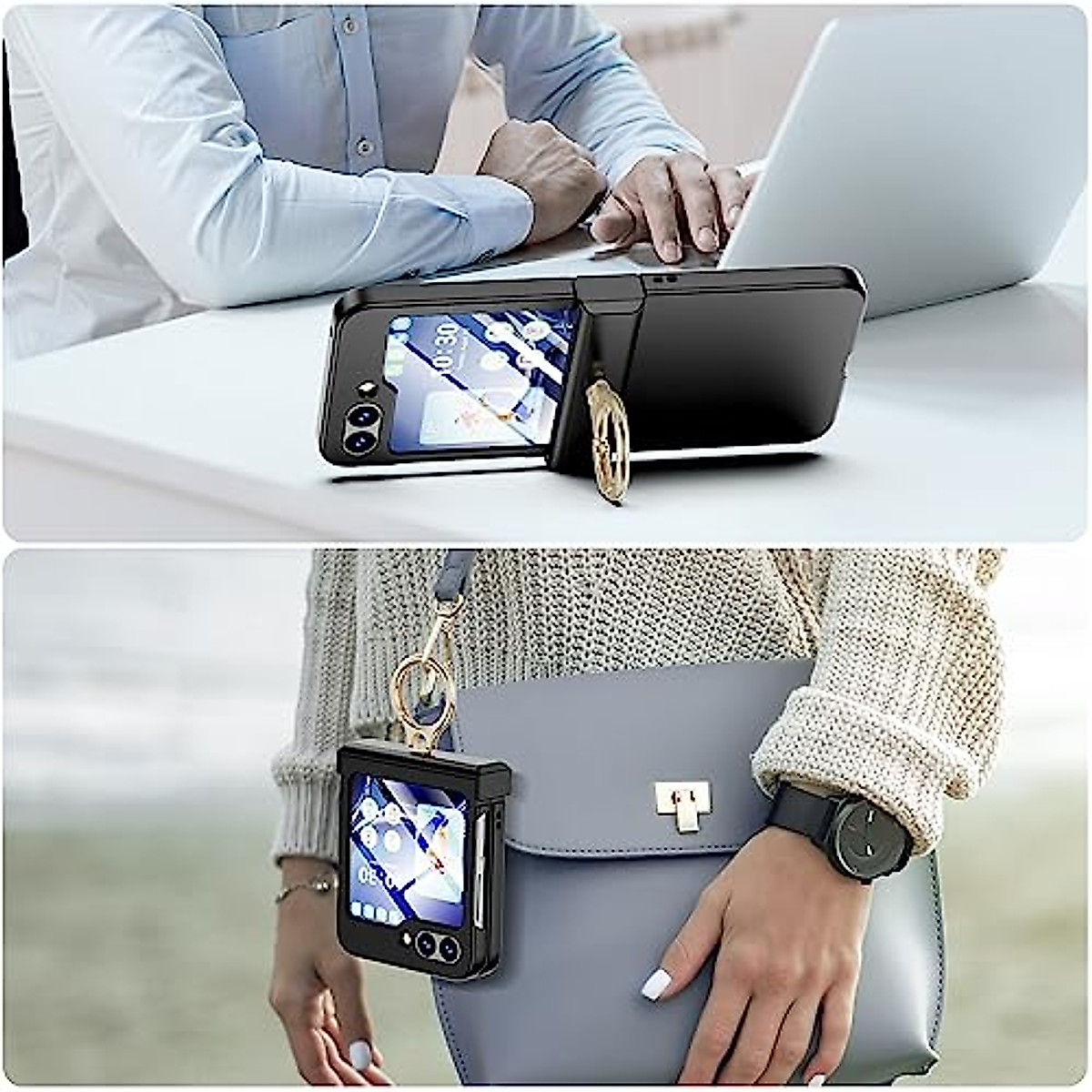 Compatible with Galaxy Z Flip 5 Case (Built-in Back Screen Protector) with Hinge Protection & Ring Kickstand, Slim and Thin Protective Case Cover for Samsung Z Flip 5 5G (Black)