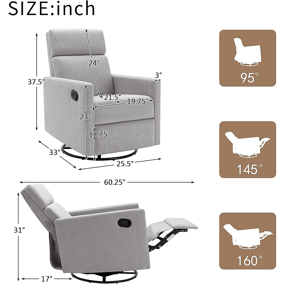 UFINEGO Swivel Rocker Recliner Chair, Manual Glider Recliner, 360 Degree Swivel Reclining Sofa Chair with Adjustable Backrest for Living Room, Apartment