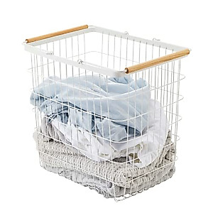 YAMAZAKI Wire Home Wooden Handles | Steel + Wood | Large | Laundry Basket, White