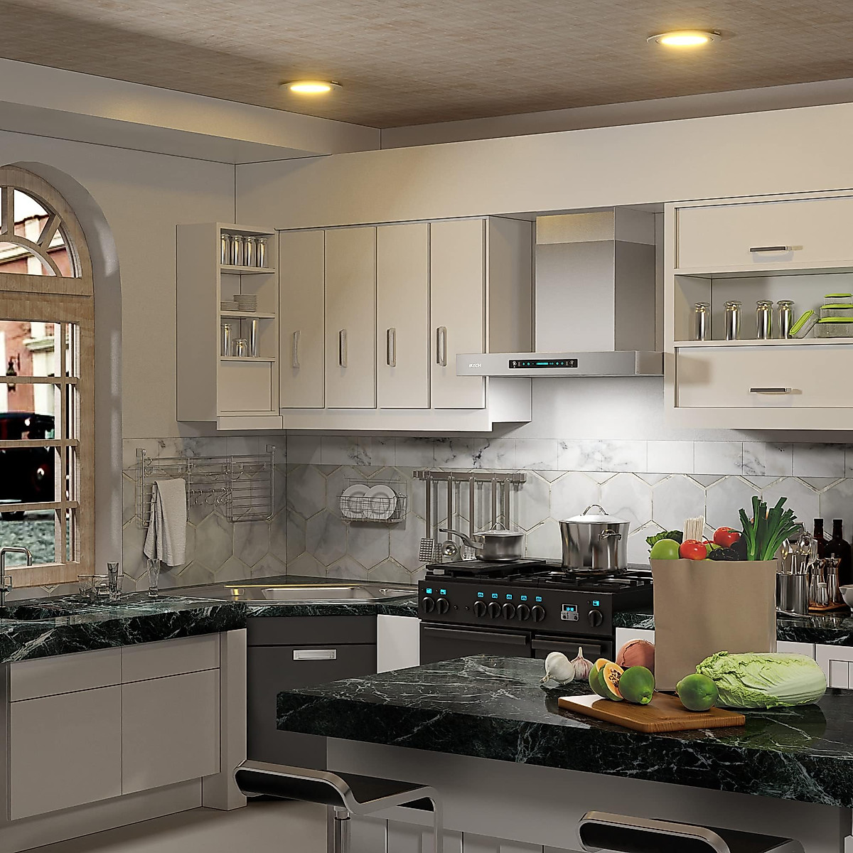 IKTCH 30"Wall Mount Range Hood, 900 CFM Ducted Range Hood with 4 Speed Fan, Durable Stainless Steel Range Hood 30 inch with Gesture Sensing & Touch Control IKP01-30