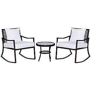 Outsunny 3 Piece Patio Rocking Bistro Set, Outdoor PE Rattan Wicker Rocking Chairs with Cushioned, Pillows, Two-Tier Glass Storage Shelf Coffee Table, Cream White