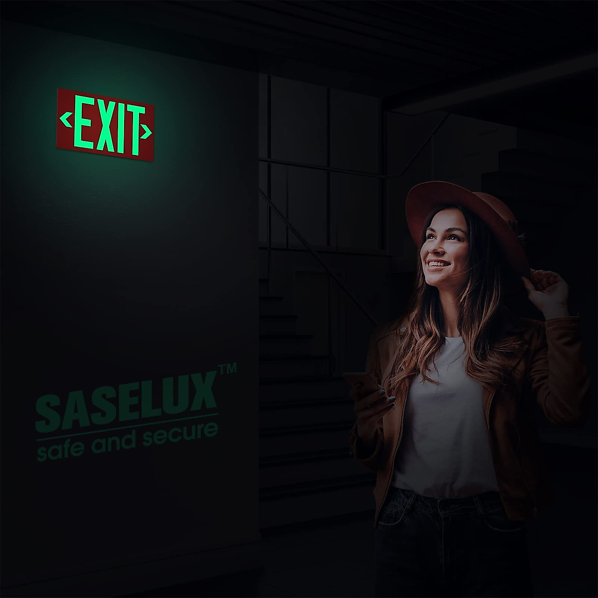 Photoluminescent Exit Sign Aluminum - Adhesive Backing Glow In The Dark - Removable Arrows Included - 12x7 Inches - Non Electrical Red Exit Light For 50 Feet Visibility (1 Pack)