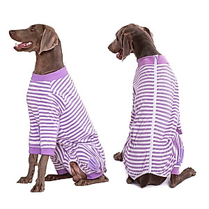 Large Dogs Pajamas, Stripes Cotton Stretchable Dog Jumpsuit, 4 Legs Lightweight Dog Onesie Pjs Clothes Apparel with Zipper Closer and Elbow Pads, Full Coverage Large Breed Dogs Anti-Shedding Suit