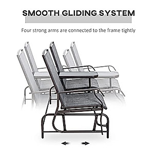 Outsunny Outdoor Glider Bench with Center Table, Metal Frame Patio Loveseat with Breathable Mesh Fabric and Armrests for Backyard Garden Porch, Gray