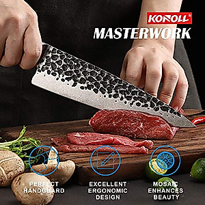 KONOLL Chef Knife Forged Handmade 8 Inch Professional Kitchen Knife, Meat Cleaver HC Stainless German Steel with Full Tang Wood Handle