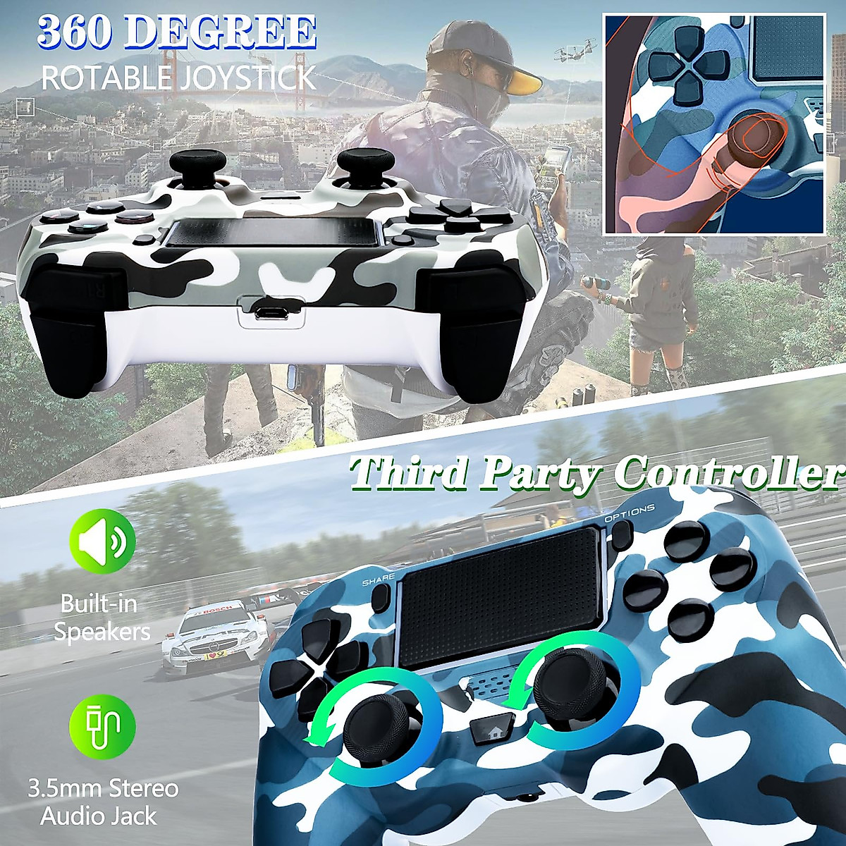 PGYFDAL 2 Pack Wireless Controller For PS4/Pro/PC, Gamepad with USB Cable/1000mAh Battery/Dual Vibration/6-Axis Motion Sensor/3.5mm Audio Jack/Multi Touch Pad/Share Button (Blue and Grey)