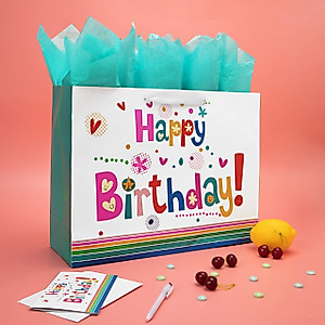 Qirrmiy 16.5” Extra Large Gift Bag Set with Greeting Card and Green Tissue Paper(Cute ‘Happy Birthday’) for Baby Shower,Kids Birthday Party,Men and Women, Newborn,New Moms or Parents, and More