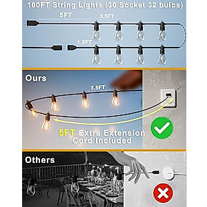 Jerritte 100FT LED Outdoor String Lights with 30 Edison Shatterproof IP65 Waterproof Bulbs, 2700K Dimmable Commercial Grade Patio Lights, Heavy Duty Outside Hanging Lights for Garden Porch Deck Decor