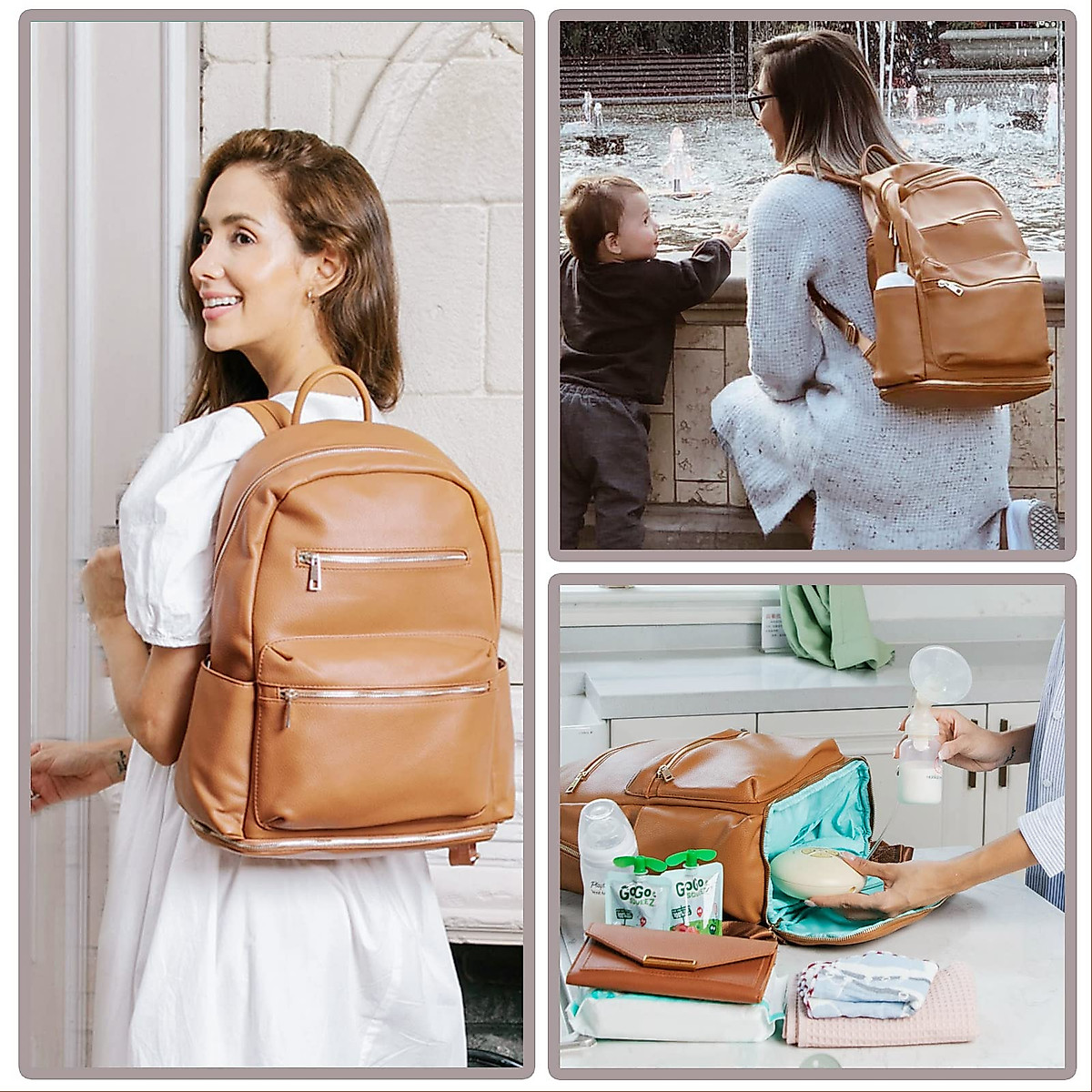 MOMINSIDE Diaper Bag Tote Leather Diaper Bag Backpack for Mom Dad Large Travel Diaper Tote Baby Bag for Boys Girls with 4 Insulated Pockets, Changing Station, Shoulder Straps