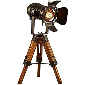 JUNOLUX Farmhouse Vintage Adjustable Cinema Tripod Wood Table Lamp - Nautical Industrial Black Retro Style Spotlights Searchlights Wooden Standing Lamp Cinema Movie Props-for Living Room Bedroom