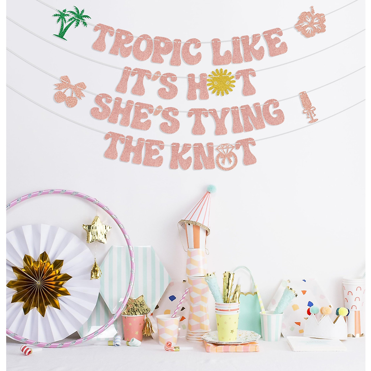 KEWUFD She's Tying The Knot Banner, Bow Theme Bridal Shower/Engagement/Wedding Party Decorations, Summer Themed Beach and Pool Bachelorette Party Decoration Supplies Rose Gold Glitter