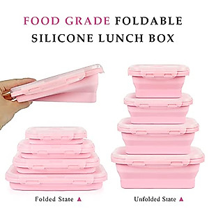 Keweis Silicone Food Storage Containers with Lids, Collapsible Silicone Lunch Box Bento Boxes, Meal Prep Container for Kitchen, BPA Free, Microwave Freezer and Dishwasher Safe, Set of 4 - Square Pink