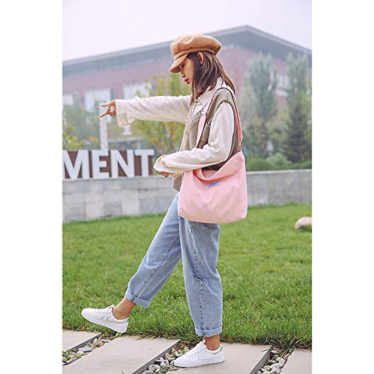 Belsmi Womens Ladies Girls Zippers Large 16" Heavy Lightweight Cotton Polyester Shoulder Bag Shopping Retro Casual Handbags Canvas Totes Bag (Pink)