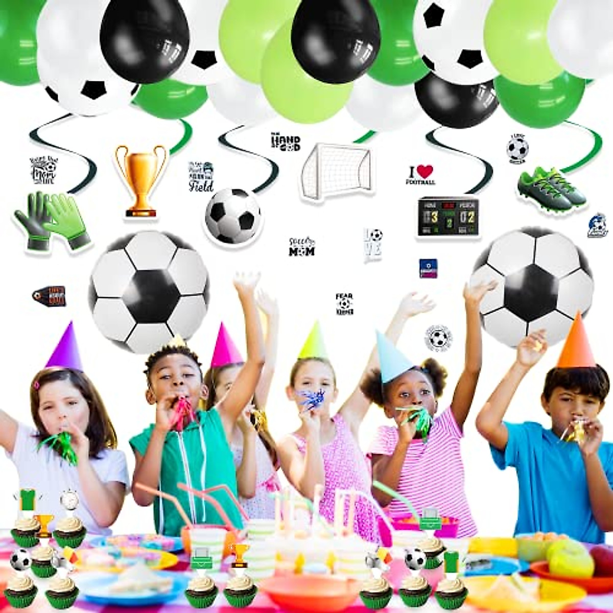 Soccer Birthday Party Decorations, 178 Pcs Soccer Ball Theme Party Supplies for Boys Baby - Banner, Cake, and Cupcake Toppers, Balloons. Hanging Swirl, Backdrop, Soccer Stickers
