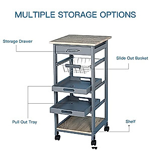HOMCOM Mobile Rolling Kitchen Island Trolley Serving Cart with Underneath Drawer & Slide-Out Wire Storage Basket, Grey