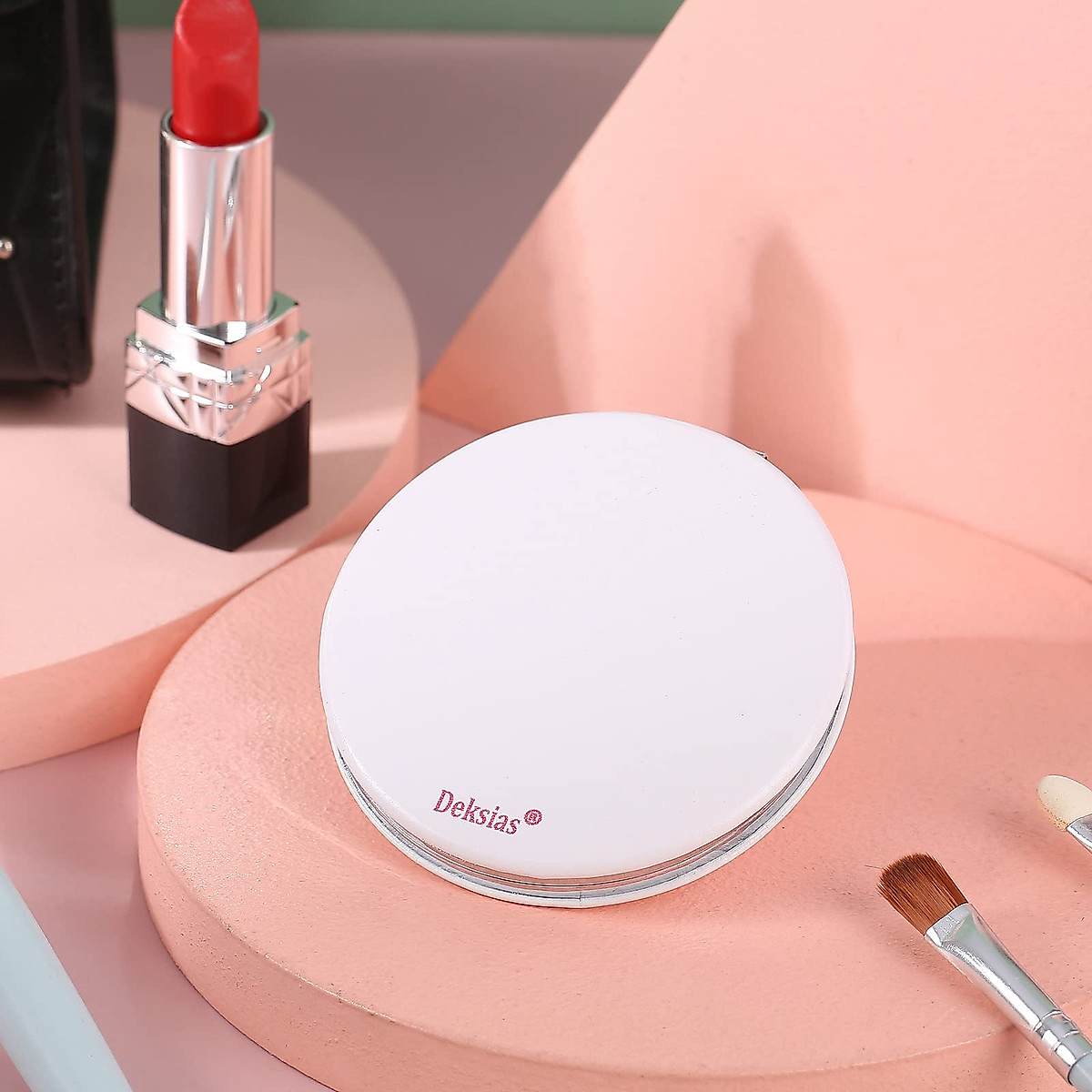 Deksias 2X Times Mirror in Pocket Magnify Round 2 Side Make up Compact Pu Folding Collapsible Mirrors with Extra 20PCS Eyeshadow Sponge Brush