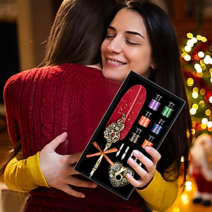 NC Quill Pen and Ink Set, Includes Quill Pen and 6 Bottles Color Ink, 5 Replaceable Nibs, Pen Holder, Christmas gifts,Valentine’s Day Gift,Birthday Gift, Calligraphy Set Holiday Ideal Gift.(Red)