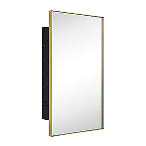 TEHOME Recessed Mount 16x26'' Squared Rectangle Brushed Gold Bathroom Medicine Cabinet with Mirror Gold Metal Framed Rectanglular Medicine Cabinet 2 Adjustable Glass Shelves