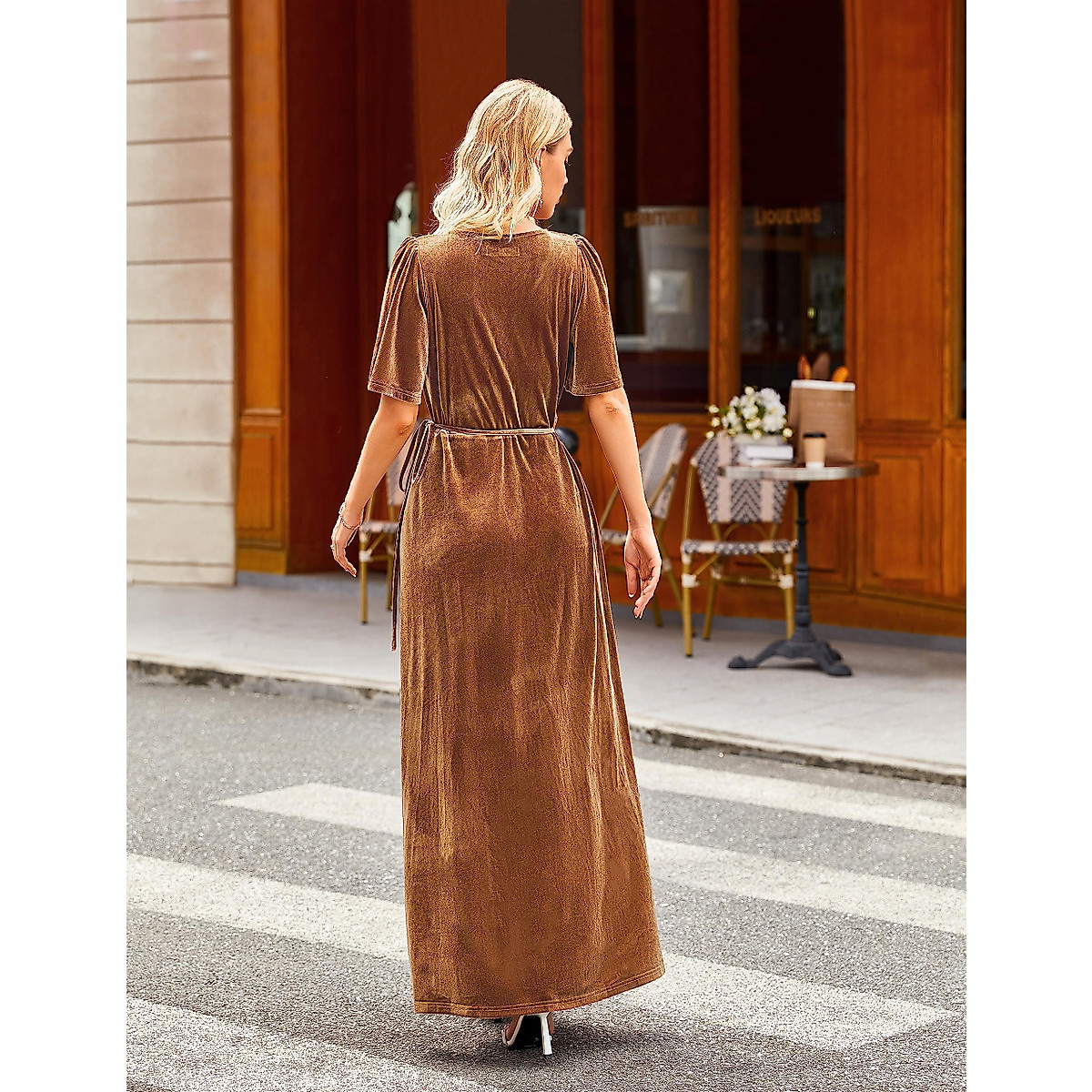 MEROKEETY Women's V Neck Wrap Velvet Maxi Dress Bell Sleeve Split Bridesmaid Cocktail Party Dresses, Golden, X-Large